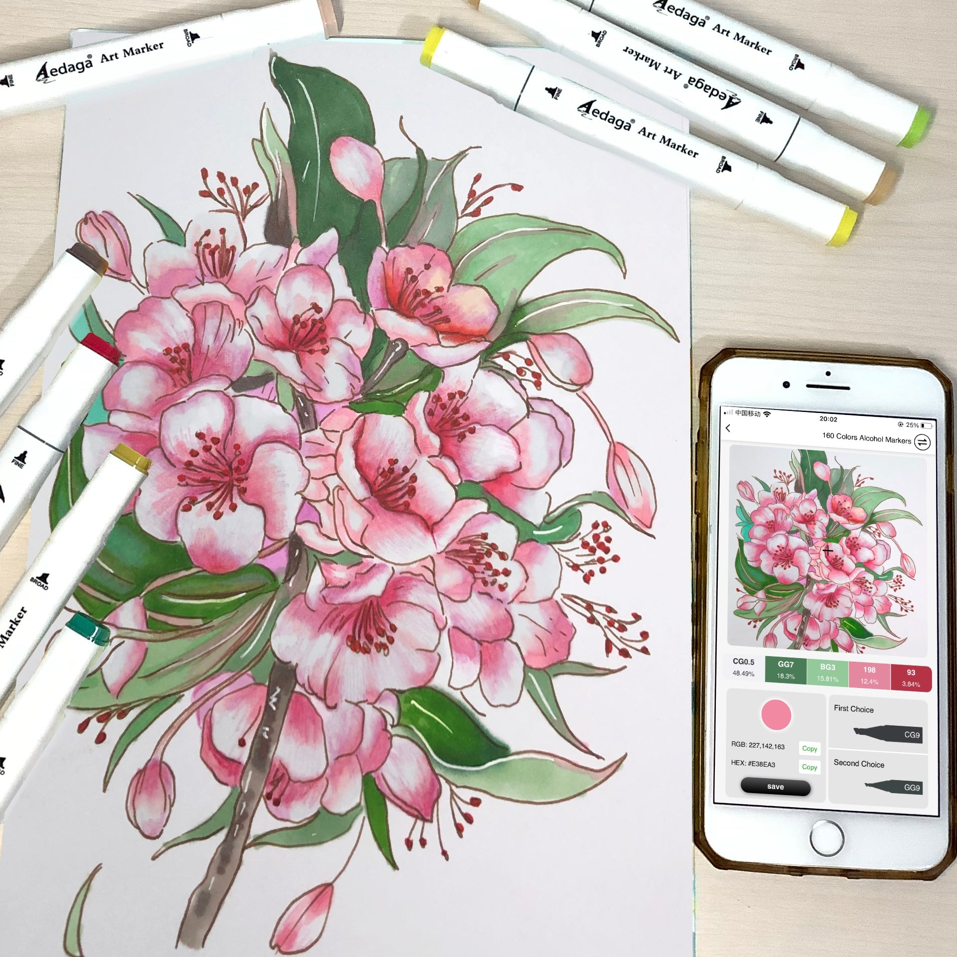 Color the line drawing with markers to make it more saturated and full ...